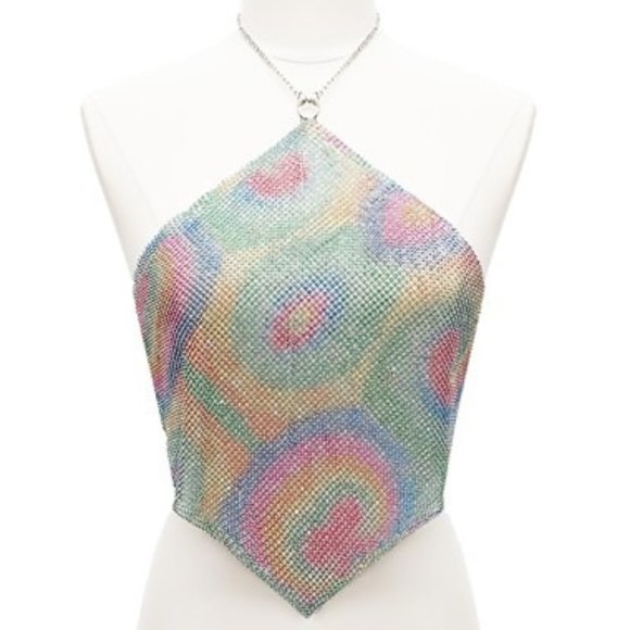BEIVY | Tops | Nwt Rainbow Chainmail Gold Chain Halter Diamond Top ...